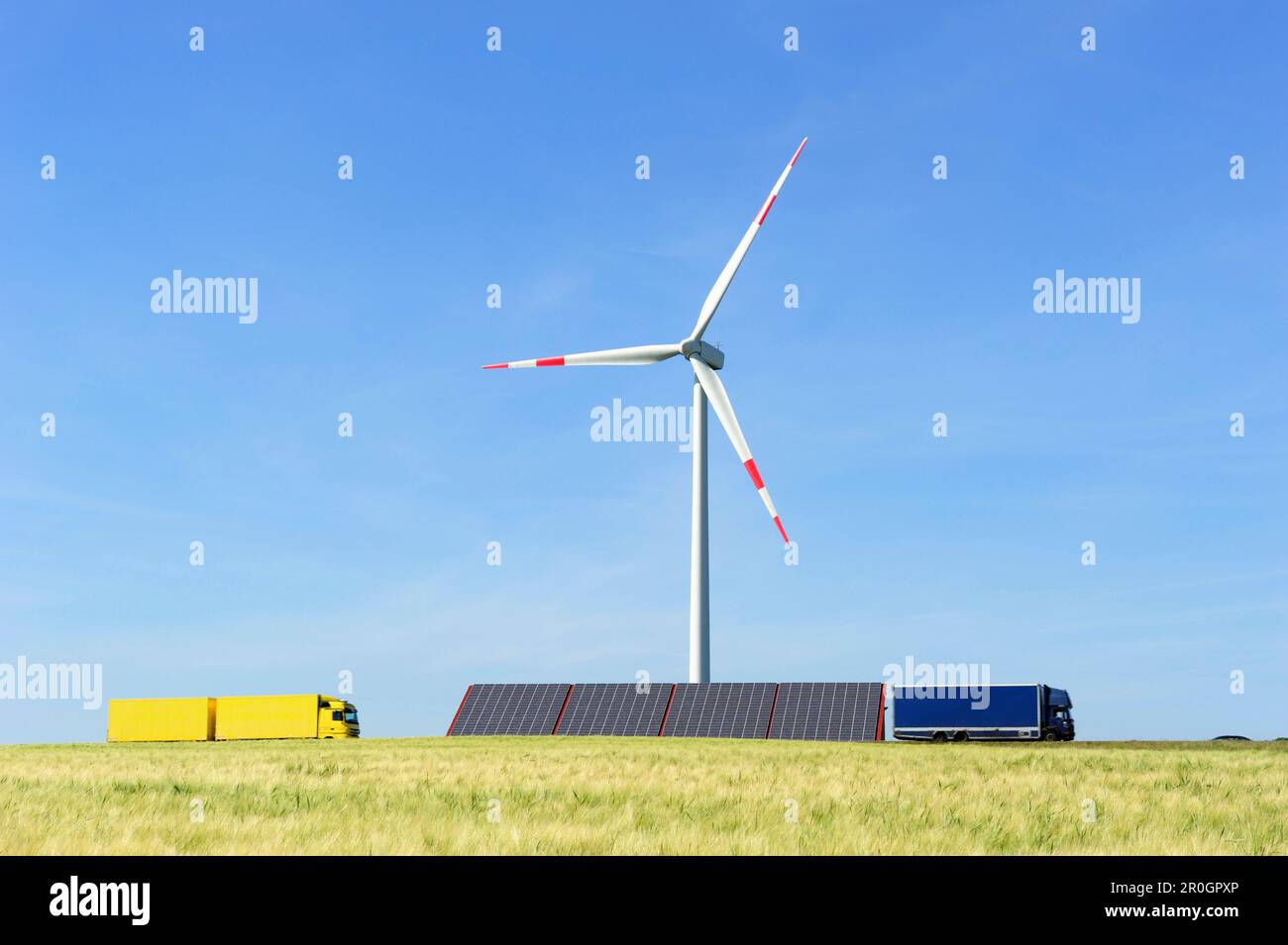 Wind power plant rising above solar panels with corn field in ...