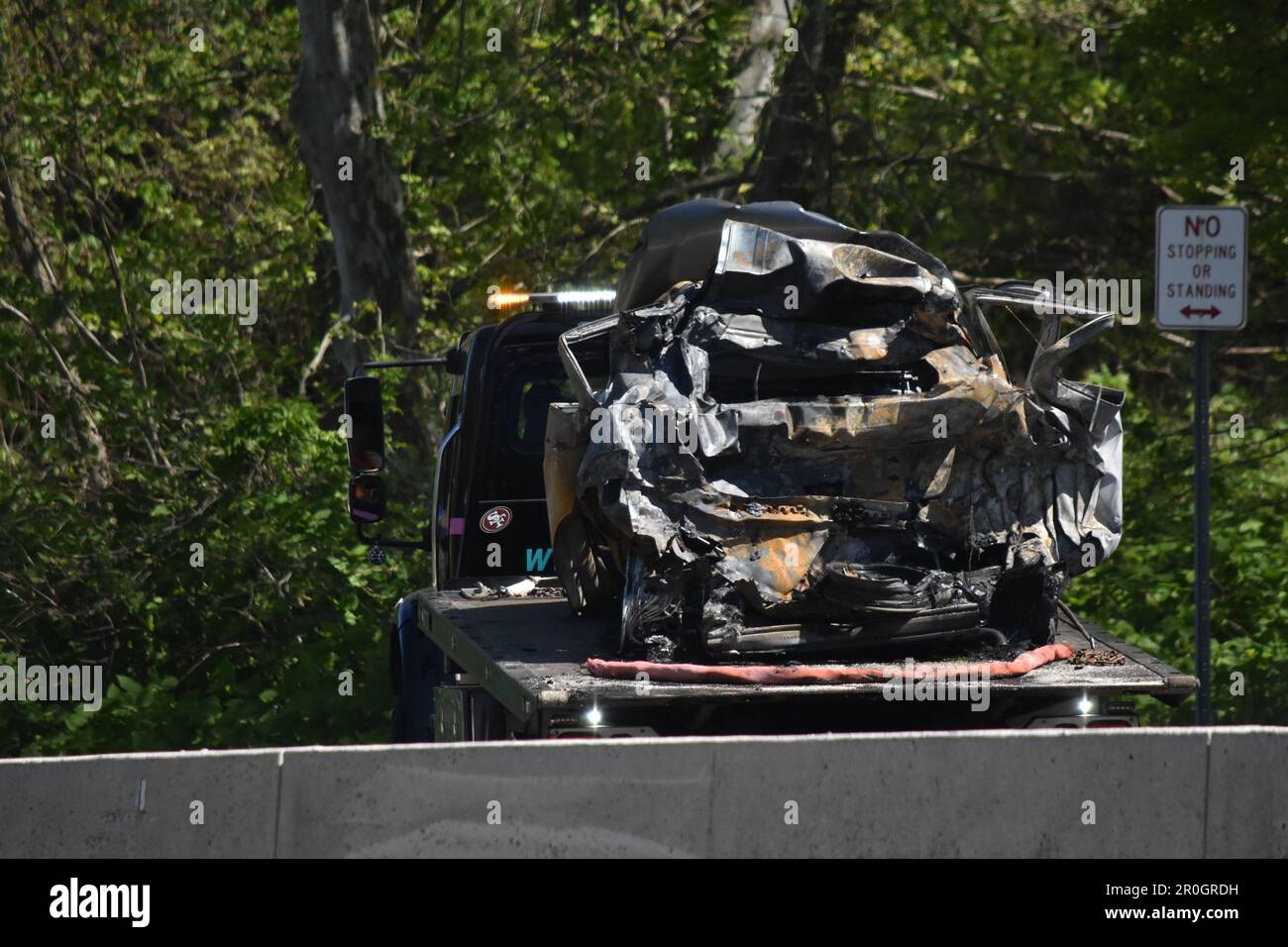 Garbage truck and passenger vehicle involved in a fatal accident . A ...