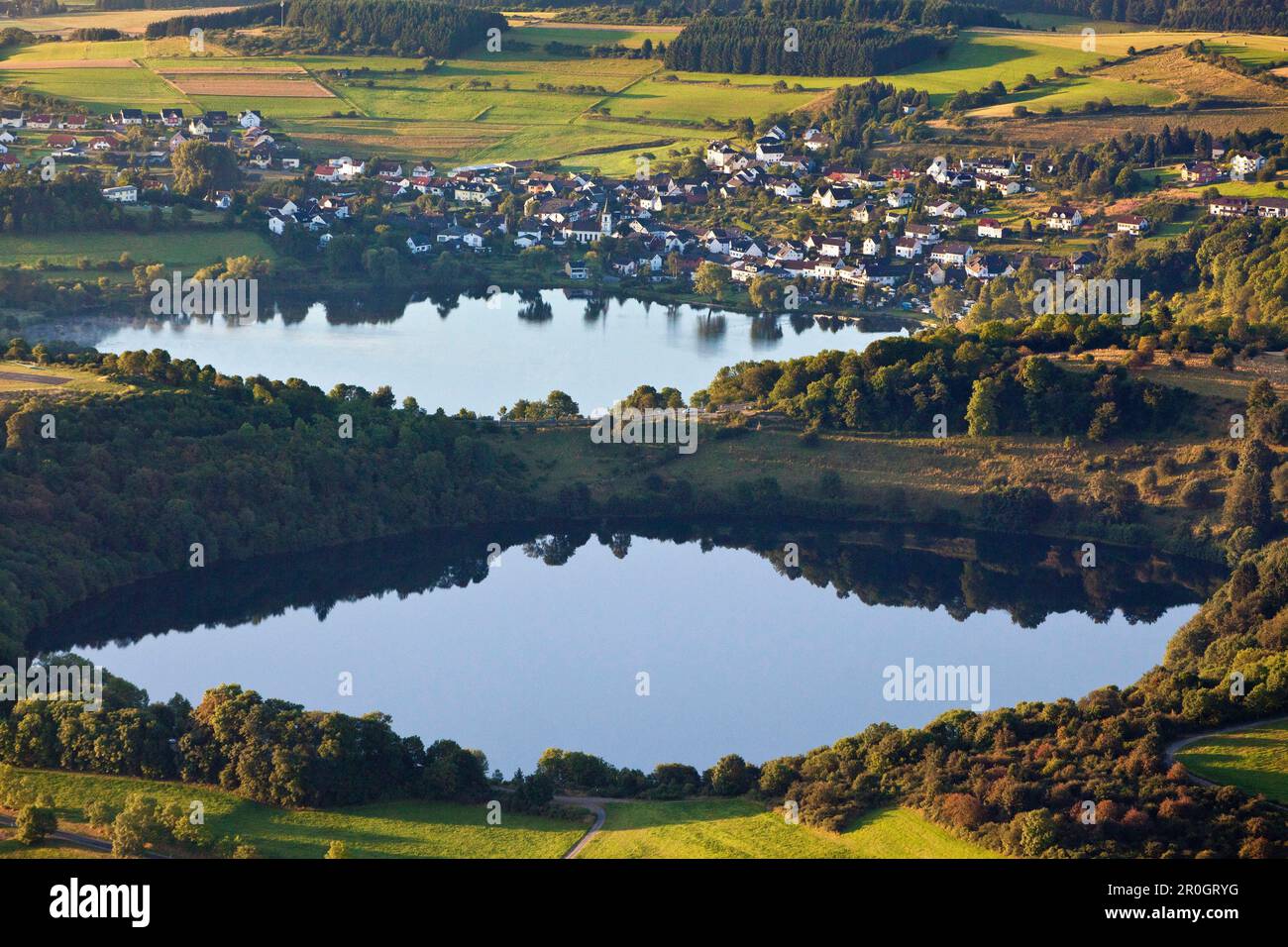 Aerial view of maars, Dauner Maare and Schalkenmehrener Maar, rural ...