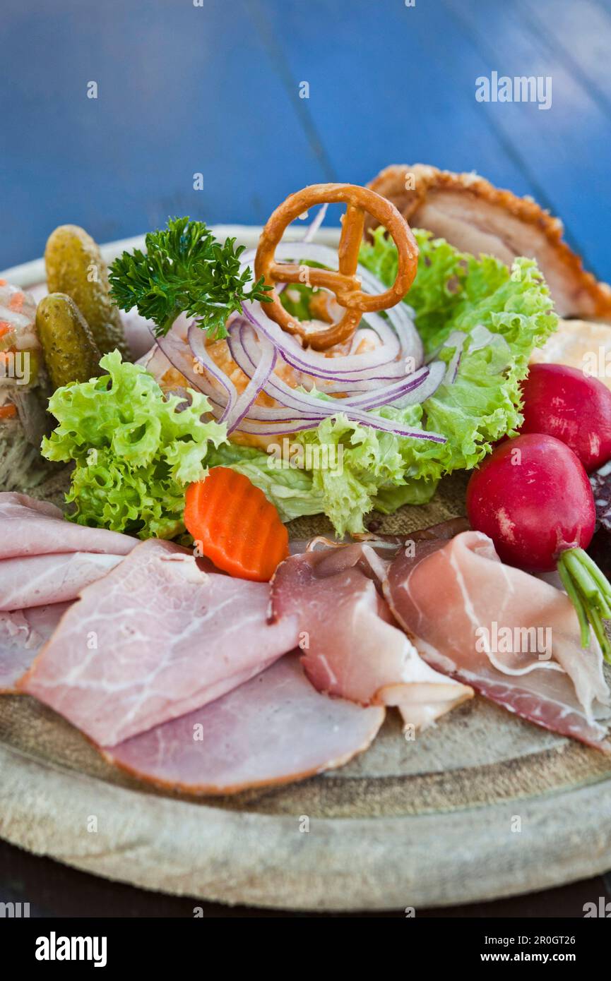 Meal of bread, cold cuts, cheese and salad, Weltenburg, Bavaria ...