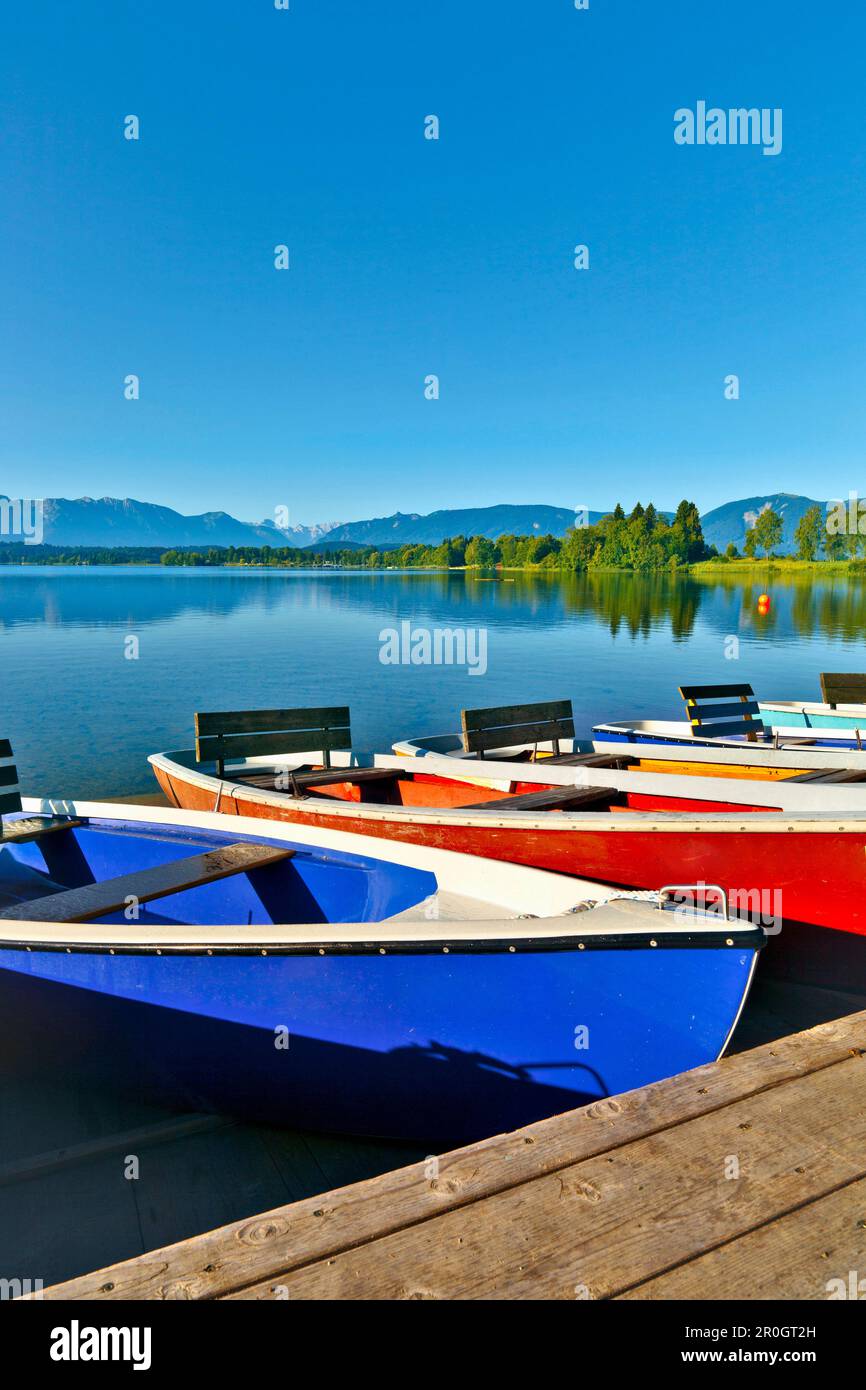Rowboats at lake Staffelsee, Uffing, Upper Bavaria, Germany Stock Photo ...