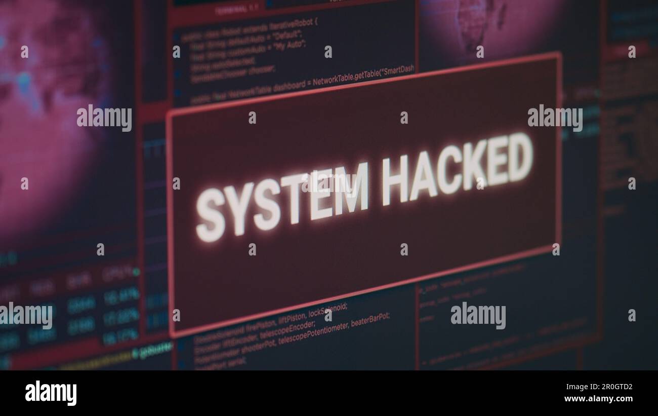 Computer monitor showing hacked system alert message flashing on screen, dealing with hacking ...