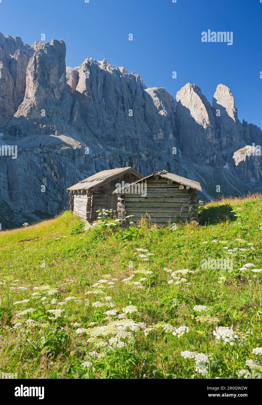 Alpine huts in front of Dolomites, Sella, South Tyrol, Alto Adige ...