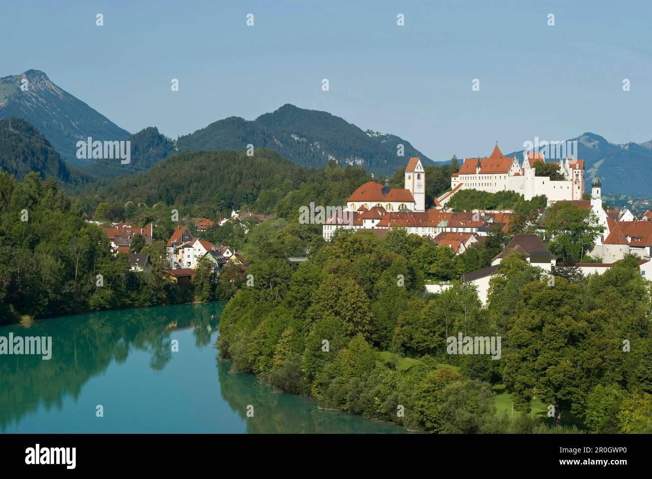 View over Lech river to Hohes Schloss (high castle, Fuessen, Allgaeu ...