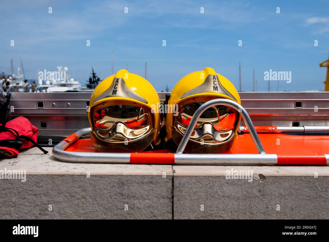 Two Helmets of emergency team are seen during a off period on the Pit ...