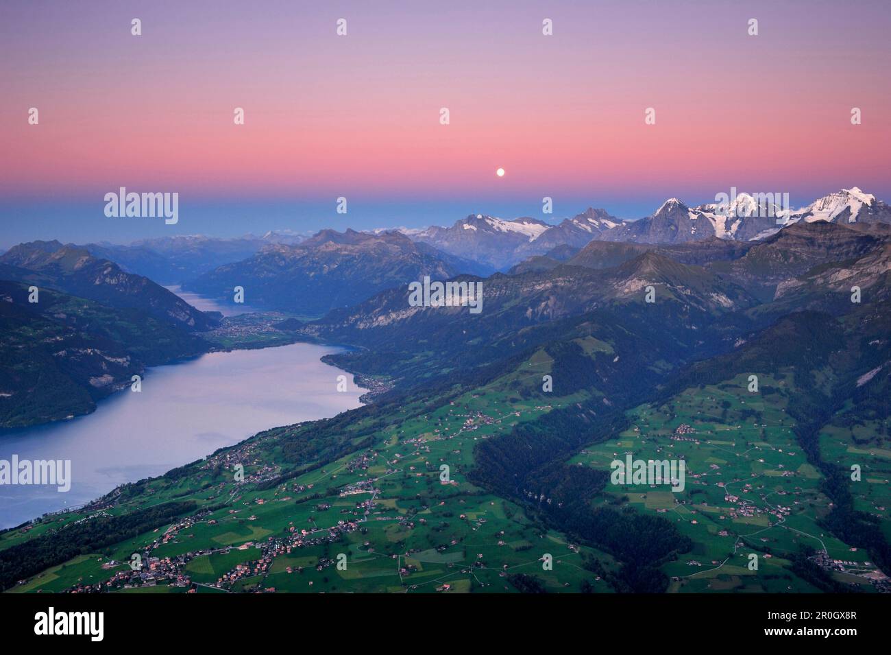 View from mount Niesen over Lake Thun to Wetterhorn, Eiger, Moench and ...