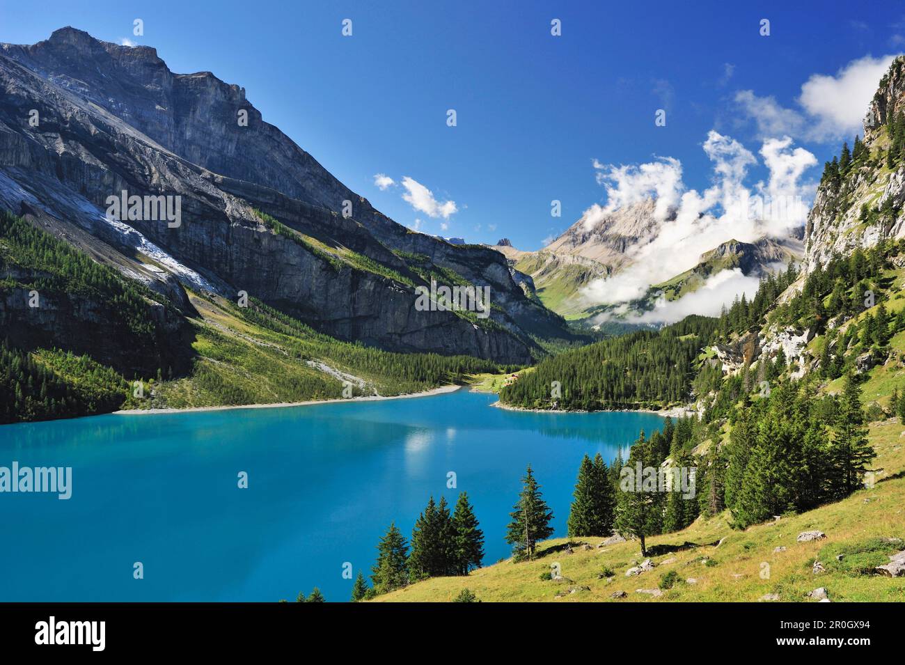 Mountain scenery with Oeschinen Lake, Bluemlisalp, UNESCO World ...