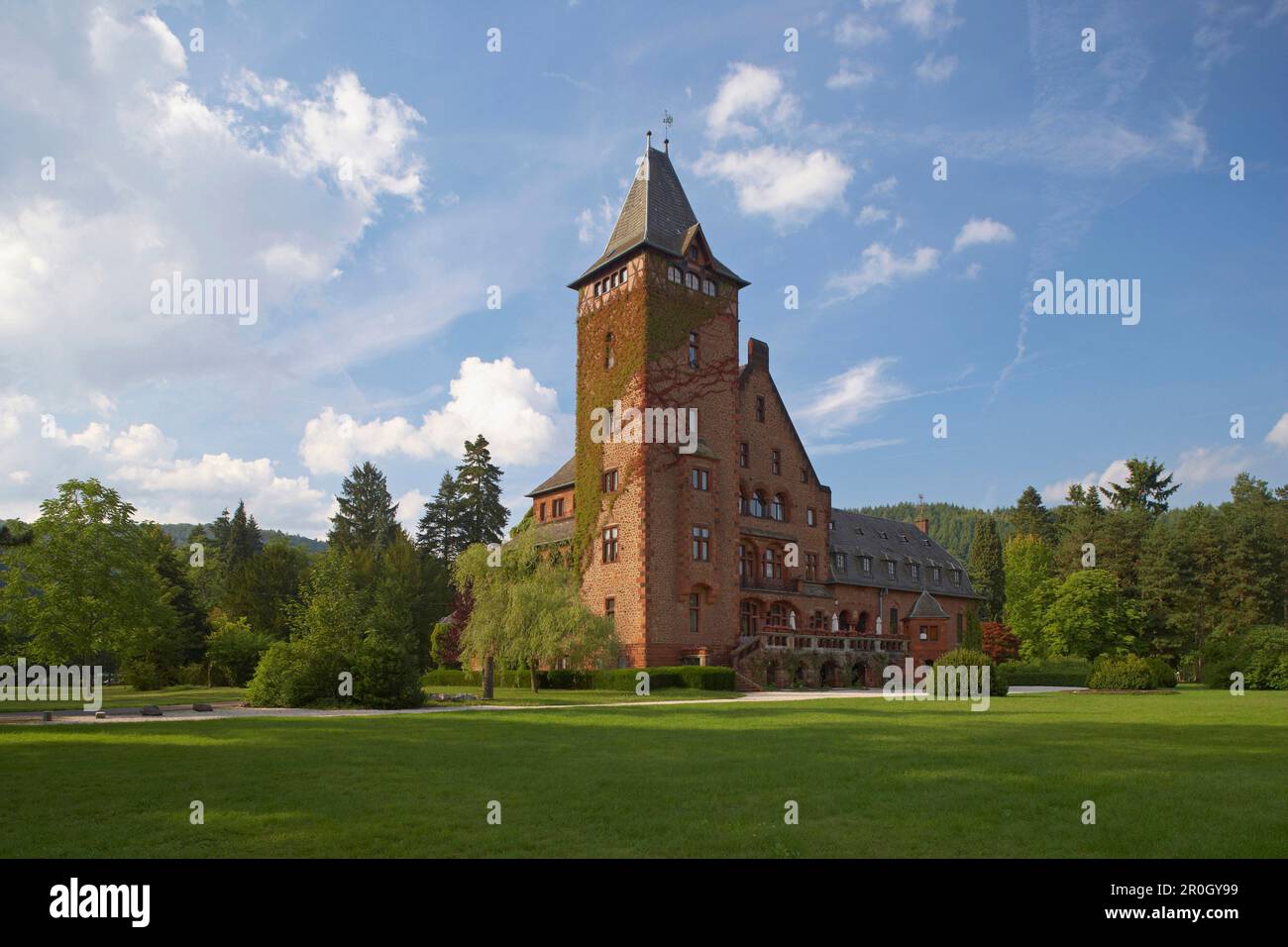 Hotel Restaurant Saareck castle under white clouds, Saar, Mettlach ...