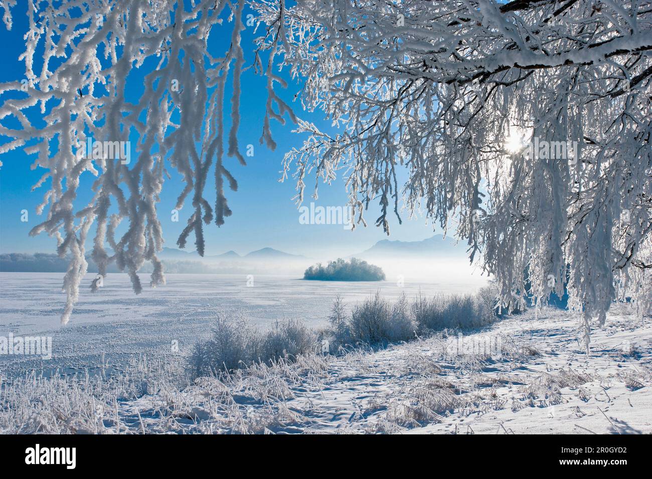 Winter scenery at lake Staffelsee with Muehlwoerth island, Uffing ...