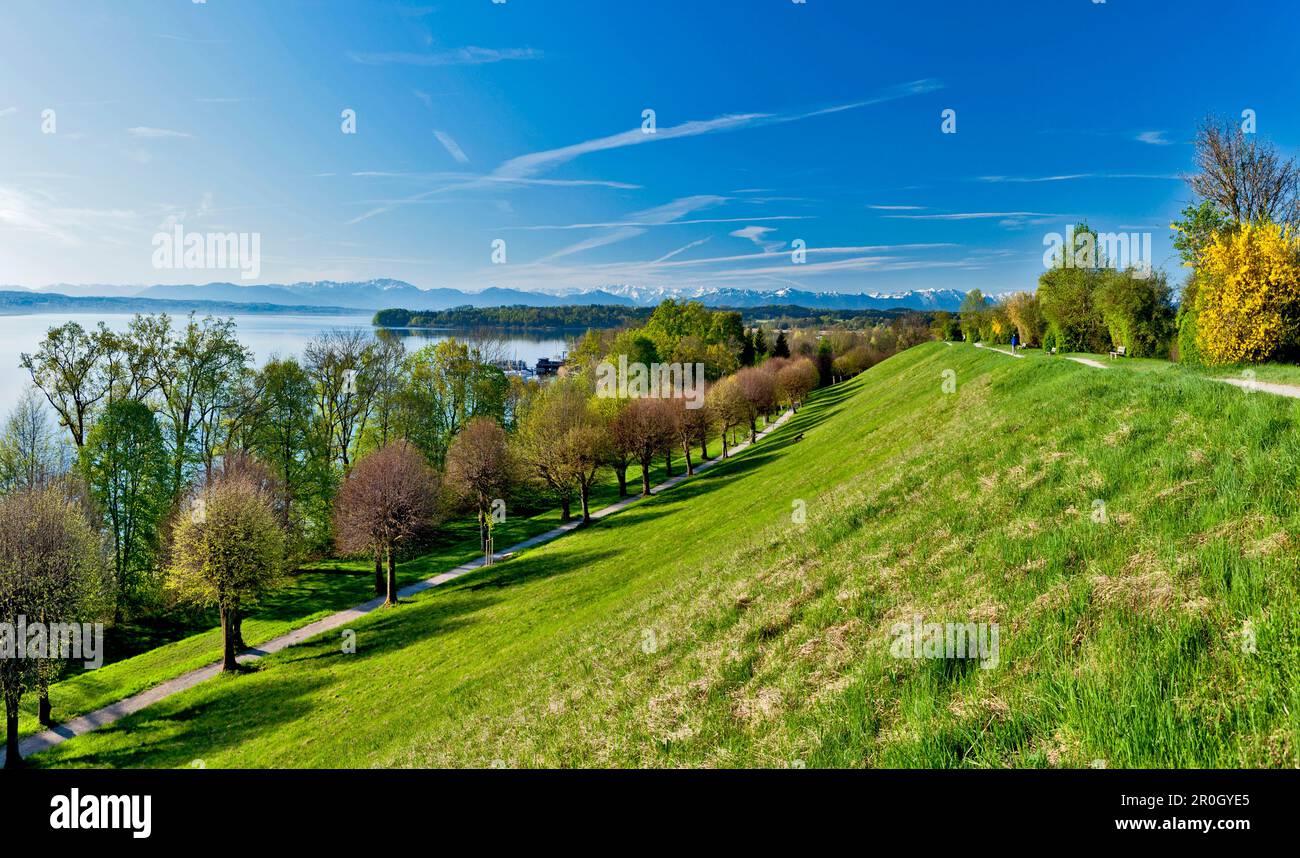 View from Johannishuegel over Kustermannpark, Tutzing, Lake Starnberg, Upper Bavaria, Germany ...