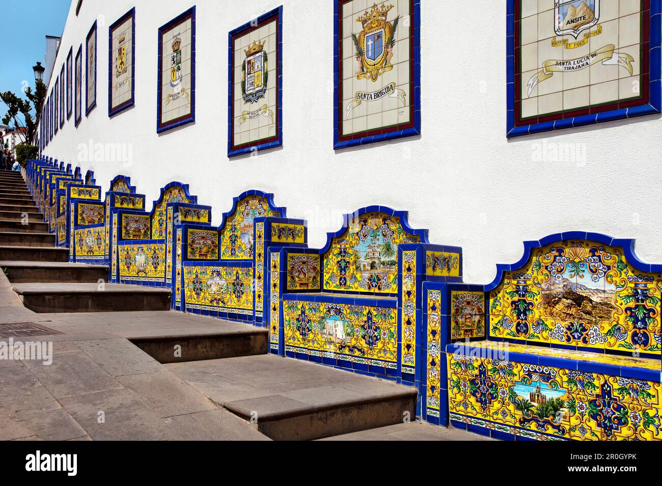 Ceramic benches by the water stairs, Firgas, Gran Canaria, Canary ...