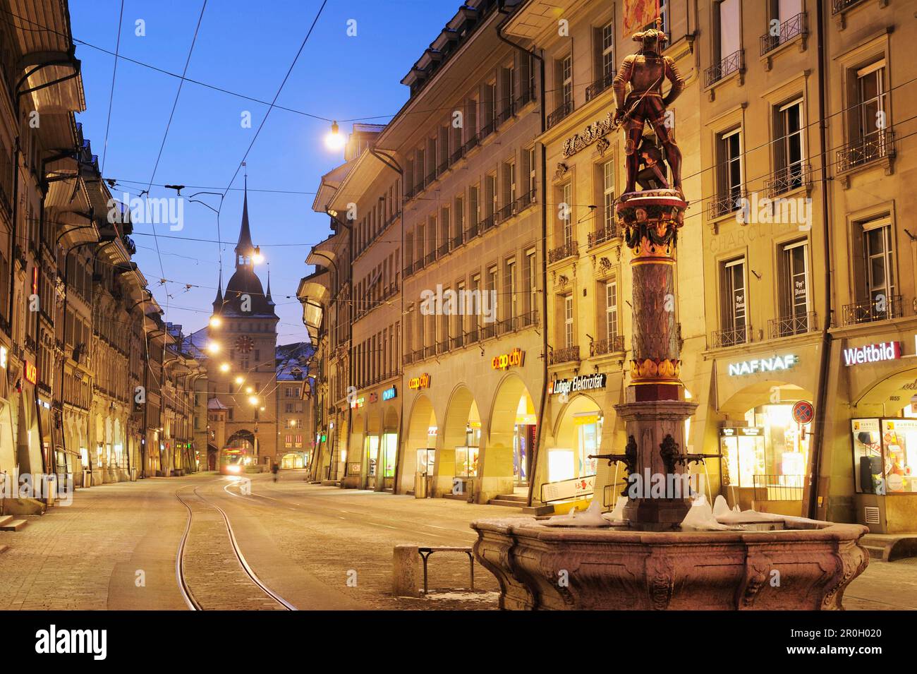 Illuminated fountain and tower Kaefigturm, Bern, UNESCO World Heritage ...