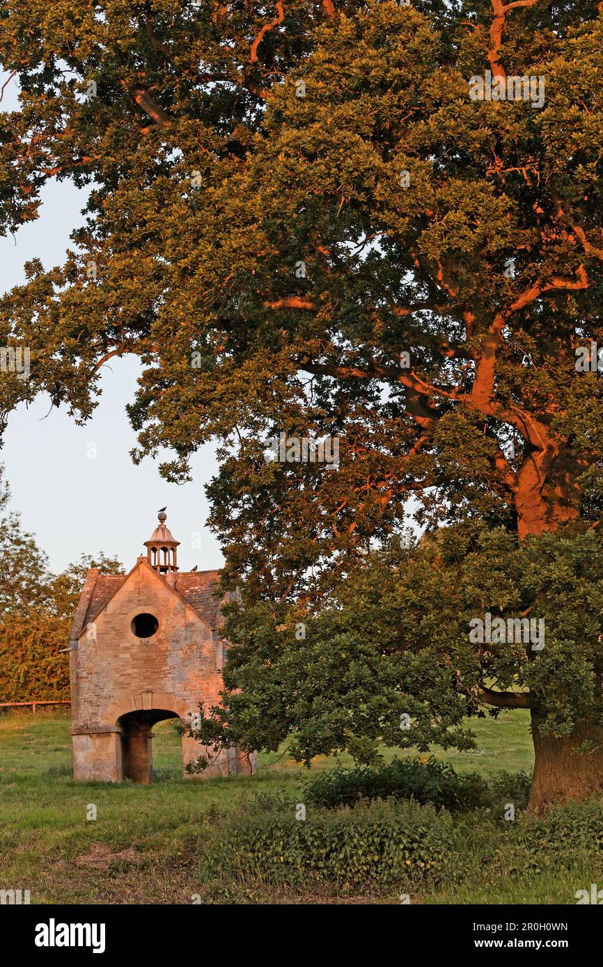 Dovecot and an old oak tree at the garden of the Chastleton House at ...