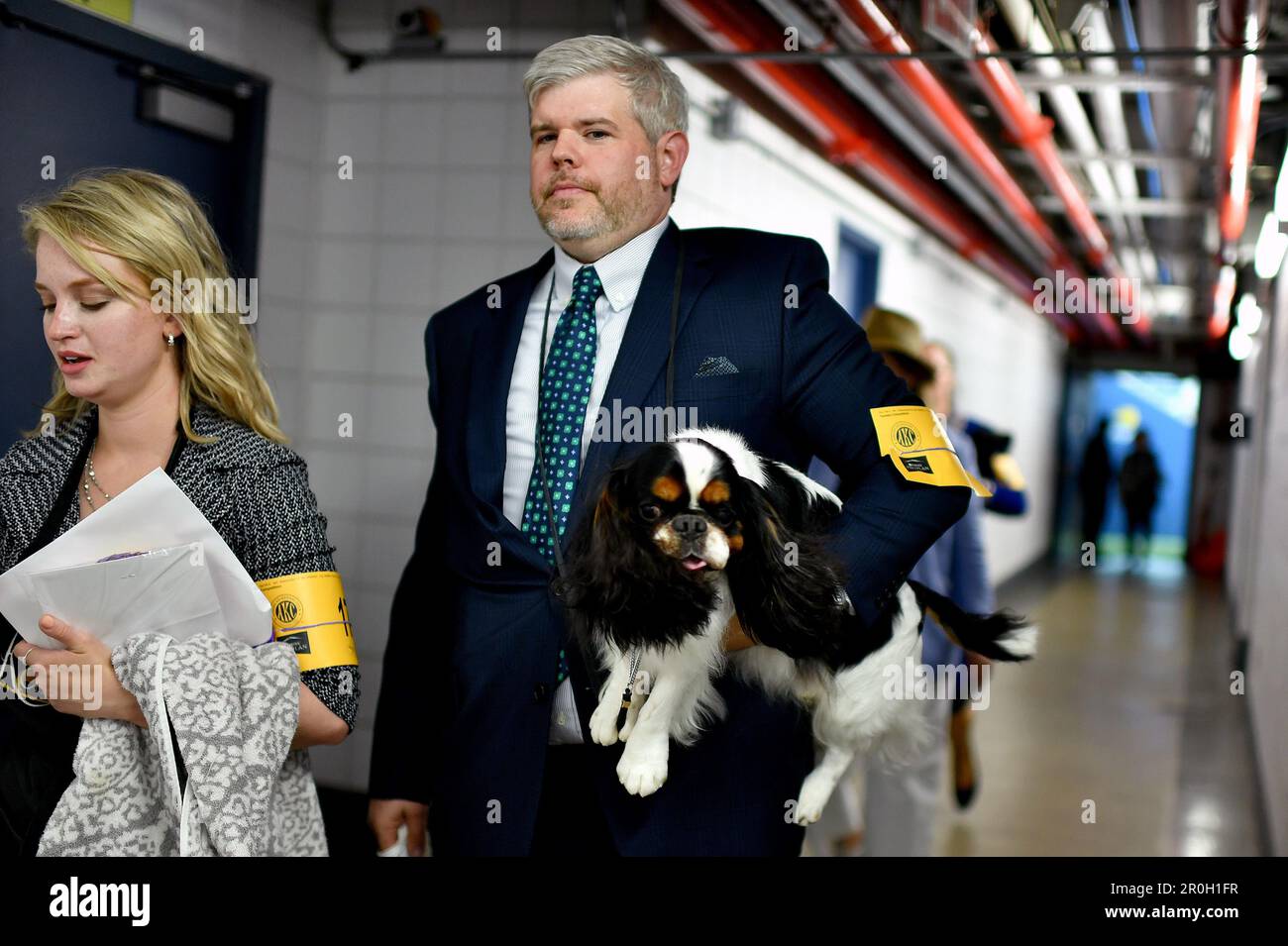 New York, USA. 08th May, 2023. Handler Christopher Keeton holds ‘Cooper ...