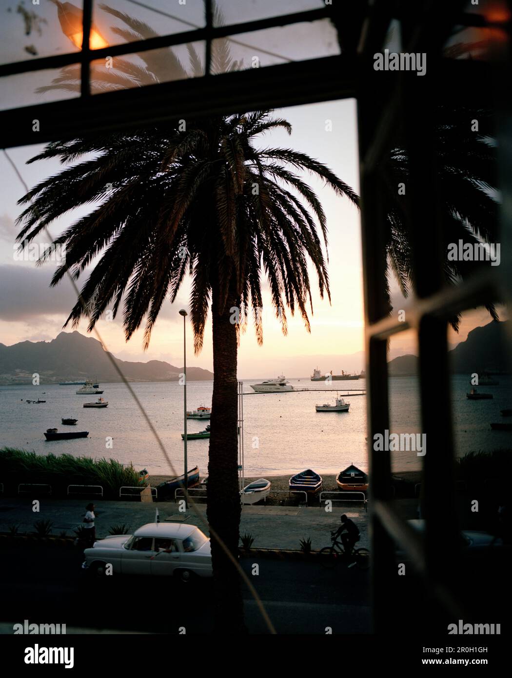 View over harbour bay with new pier and marina during sundown, centre ...