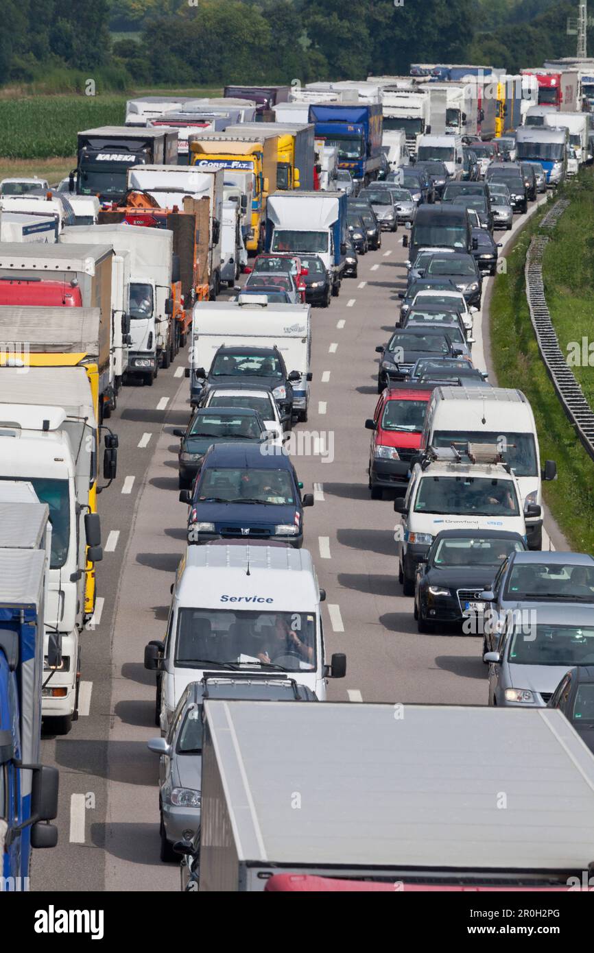 Traffic at a standstill on a German Autobahn, traffic jam, Bavaria ...
