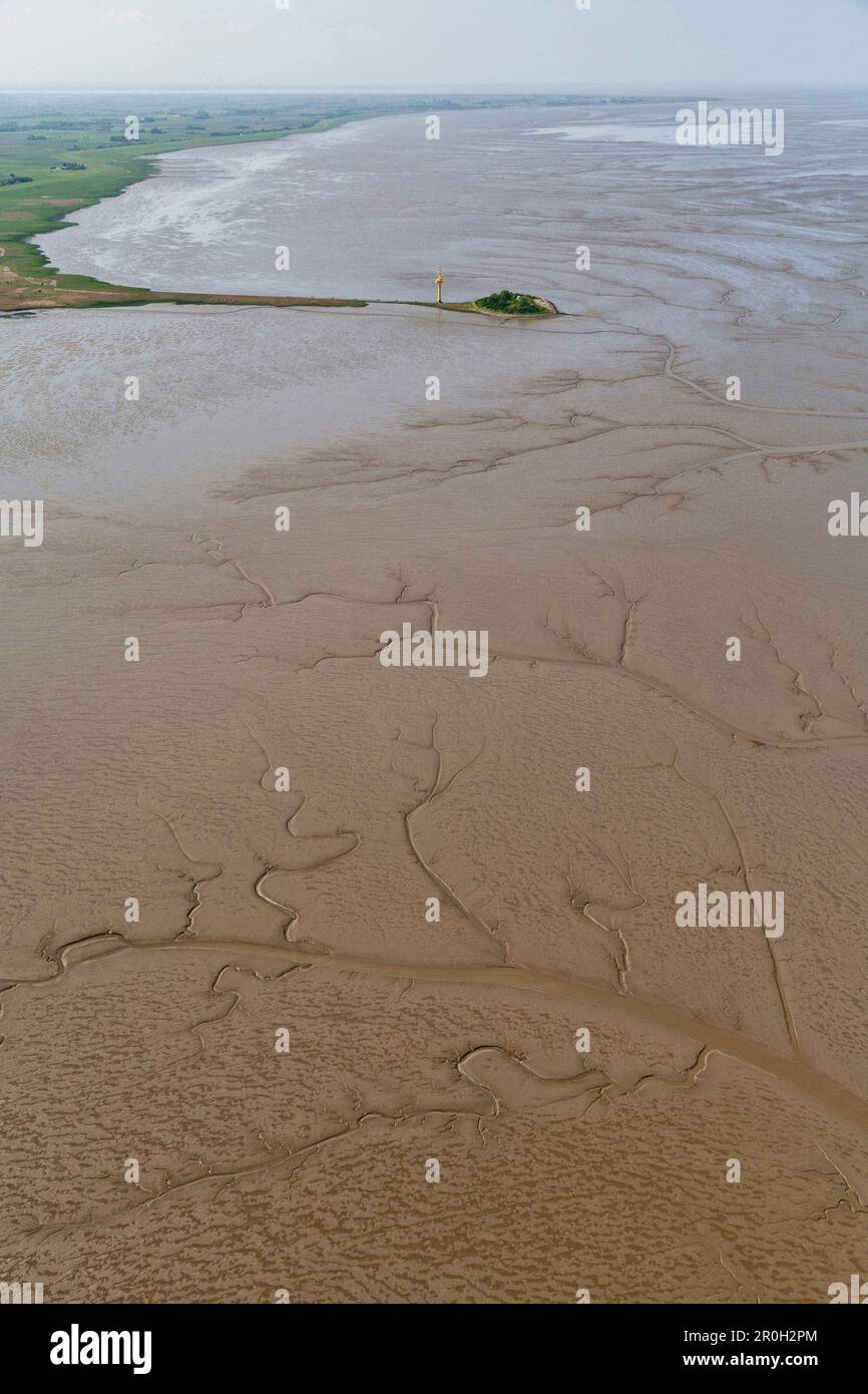 Aerial view of tidal channels with beacon, inlet, Wadden Sea, North Sea ...