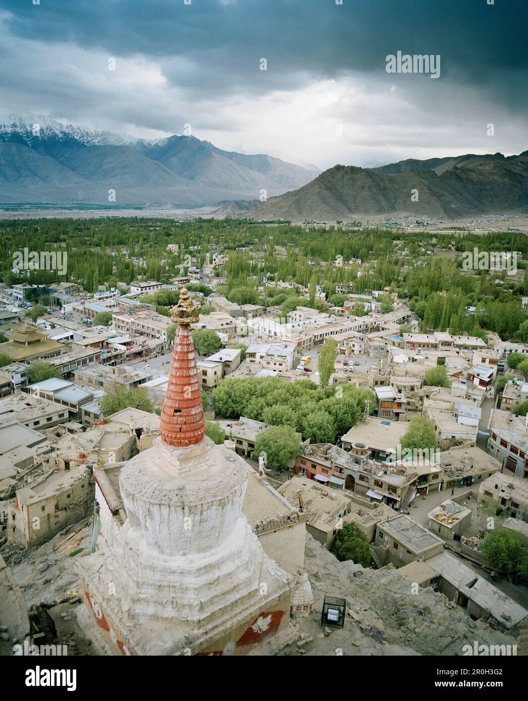 View from Royal Palace direction south over the centre of capital Leh ...