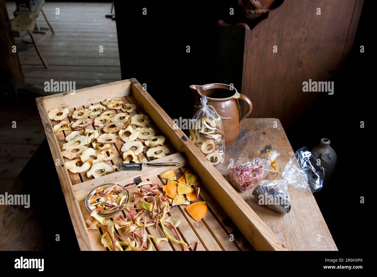 Dried fruit, Fruit drying on a drying rack, homemade, Bavaria, Germany ...