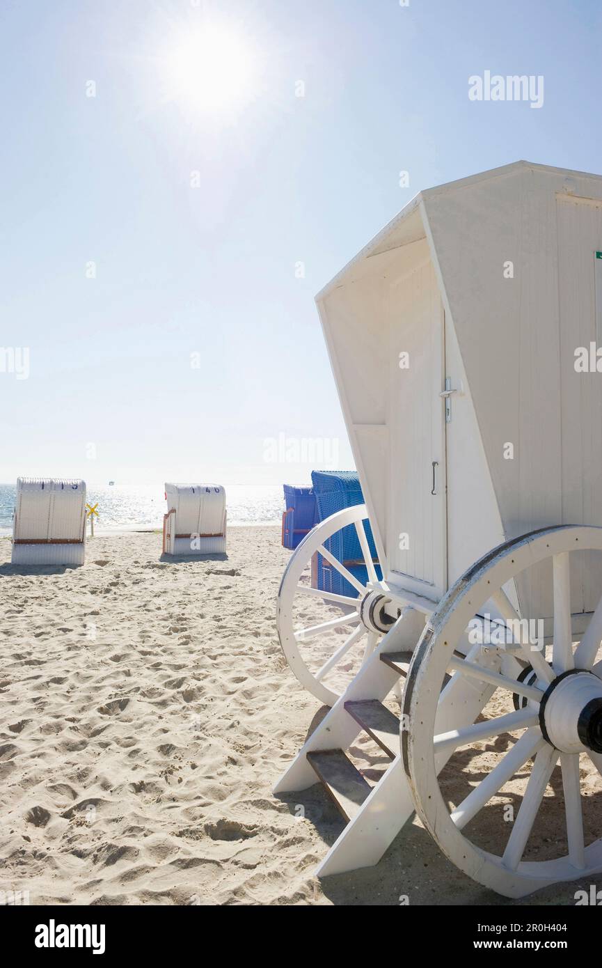 Historical changing cubicle and beachchairs on the beach, Wyk, Foehr ...
