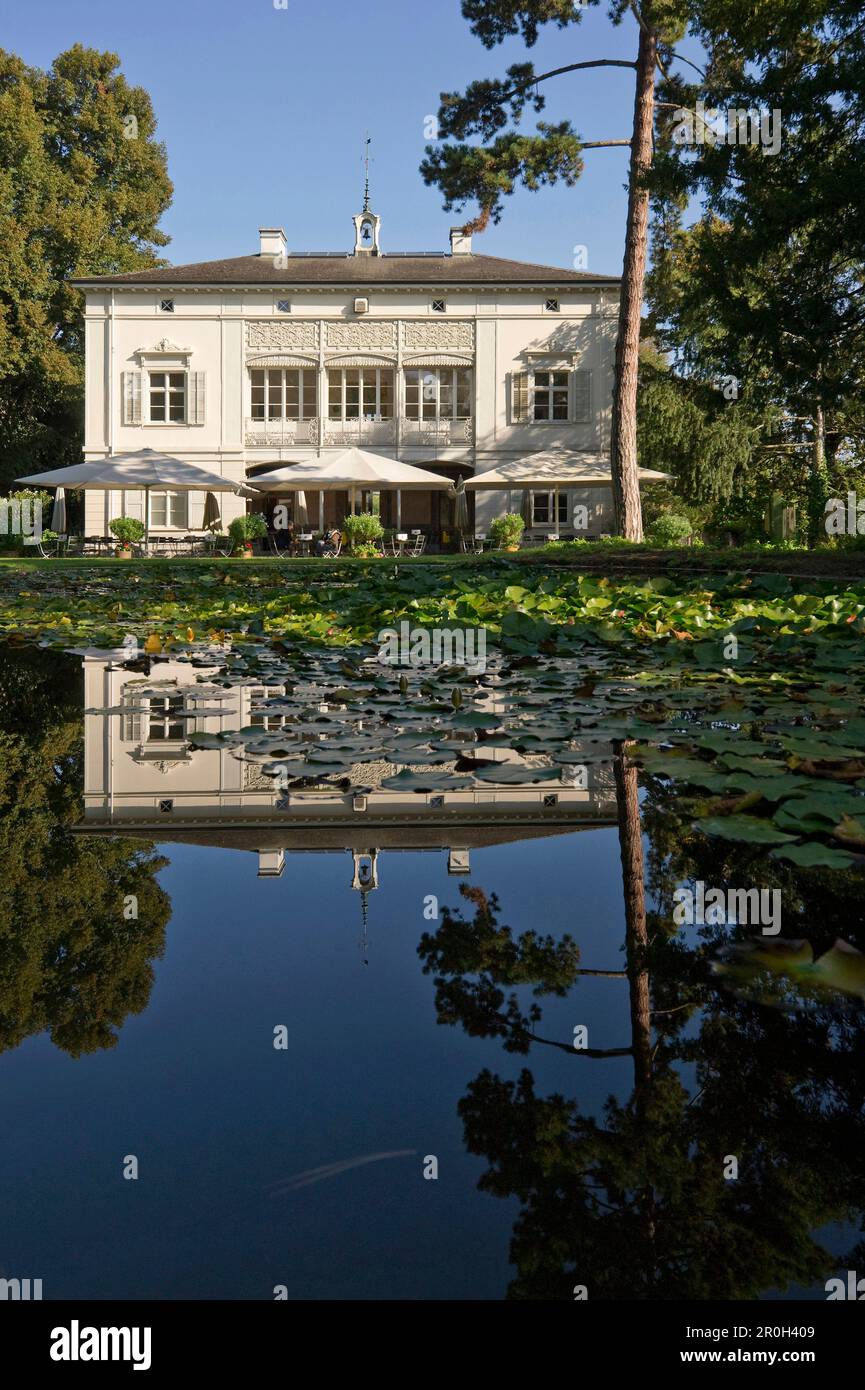 Pond and house at Merian Park, Brueglingen, Basel, Switzerland, Europe ...