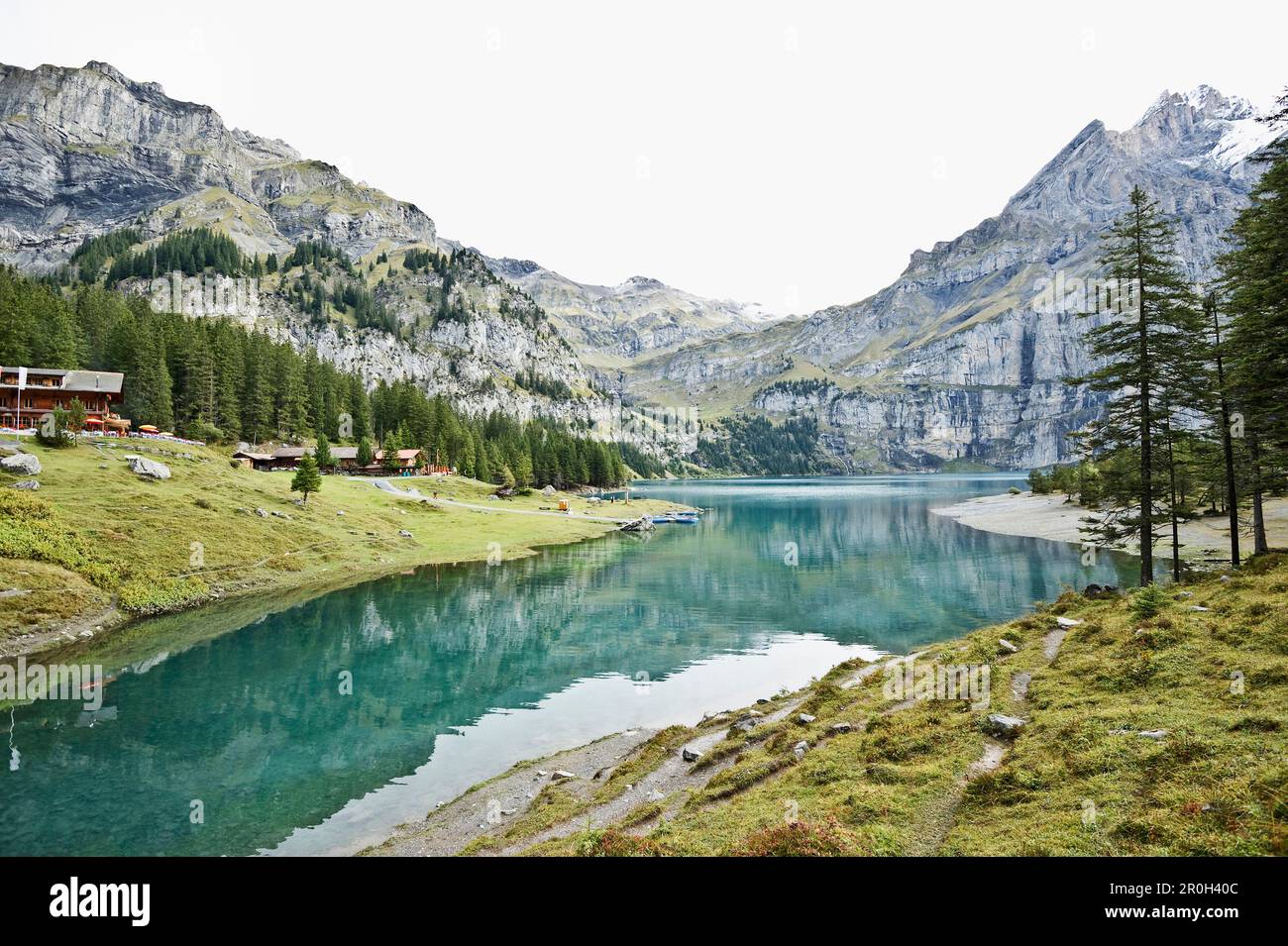 Mountain scenery with lake Oeschinensee, Kandersteg, Bernese Oberland ...