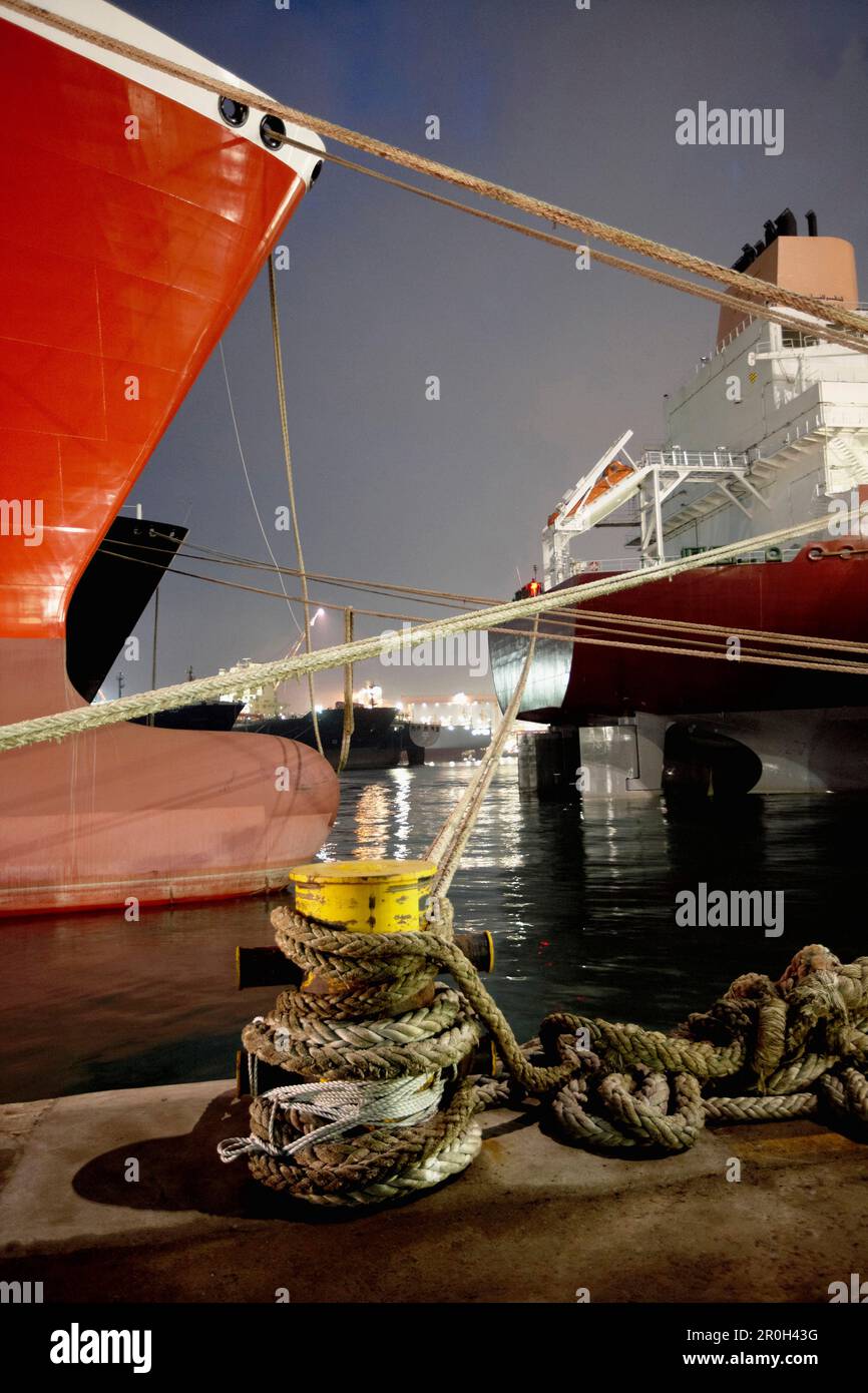 Container ships tied to bollards with ropes, dockyard, Ulsan, South ...