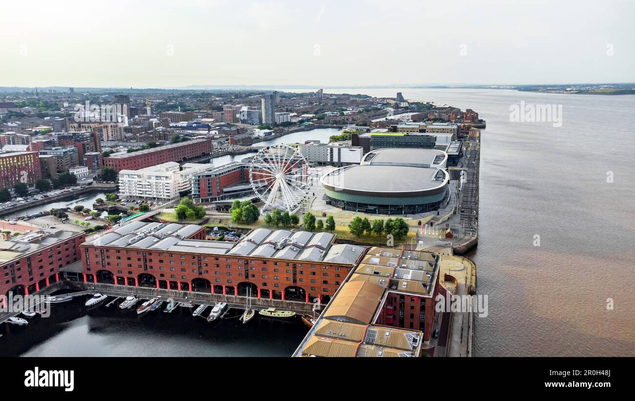 Aerial view of the vibrant city of Liverpool, UK, featuring the iconic ...