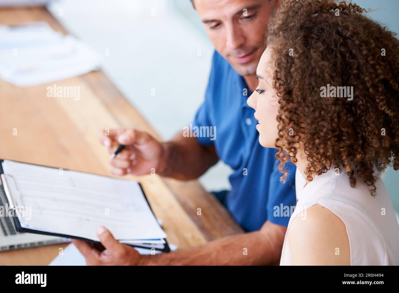 Business meeting, documents and people in office for planning ...