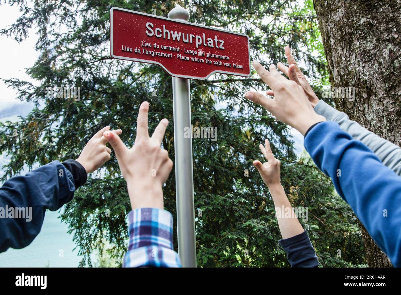 Signpost at the Ruetli meadow, where the oath of the Old Swiss ...