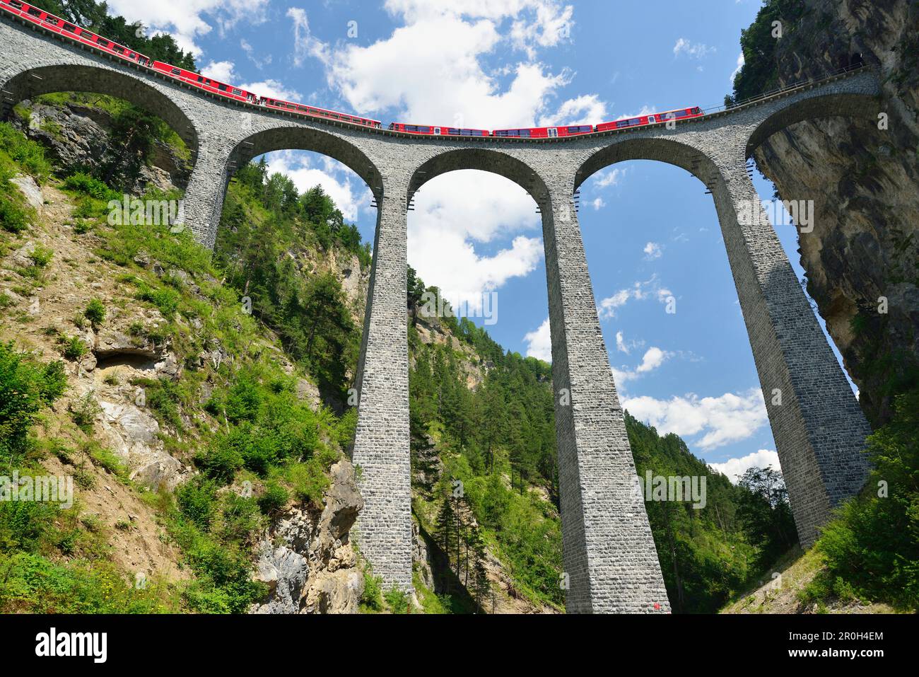 Rhaetian Railway driving over the Landwasser-Viaduct, Landwasser ...