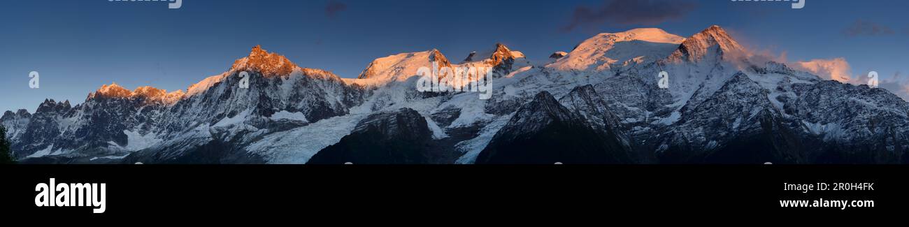 Panorama of Aiguilles du Chamonix, Aiguille du Midi, Mont Blanc du Tacul, Mont Maudit, Mont ...