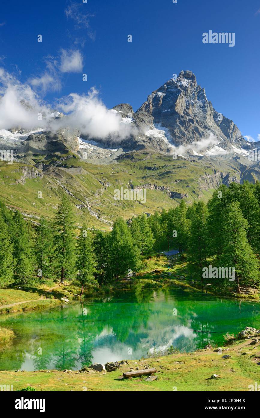 Matterhorn reflecting in a mountain lake, Cervinia, Breuil, Pennine ...