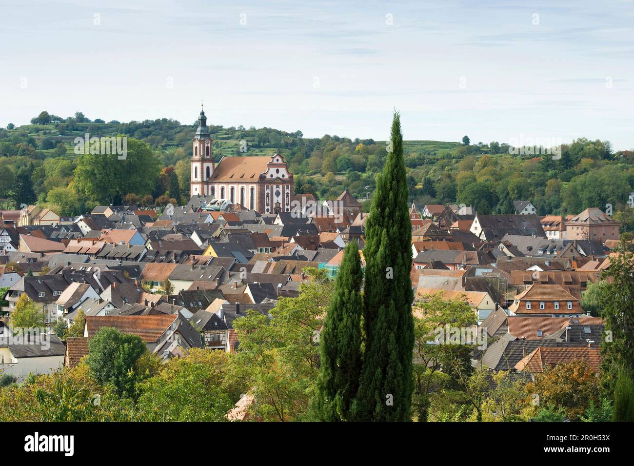 View over the roofs of Ettenheim, baroque city, Ortenau, Black Forest ...