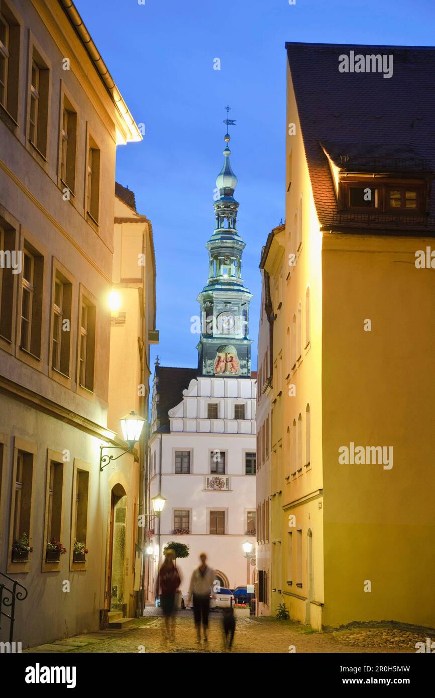 Alley at the old town with town hall at dusk, Pirna, Saxony, Germany ...