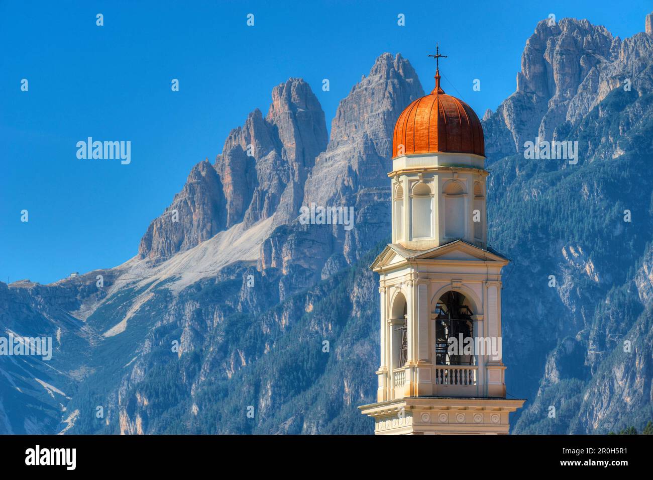 Church tower of Auronzo with Tre Cime di Lavaredo, Auronzo, Sexten ...