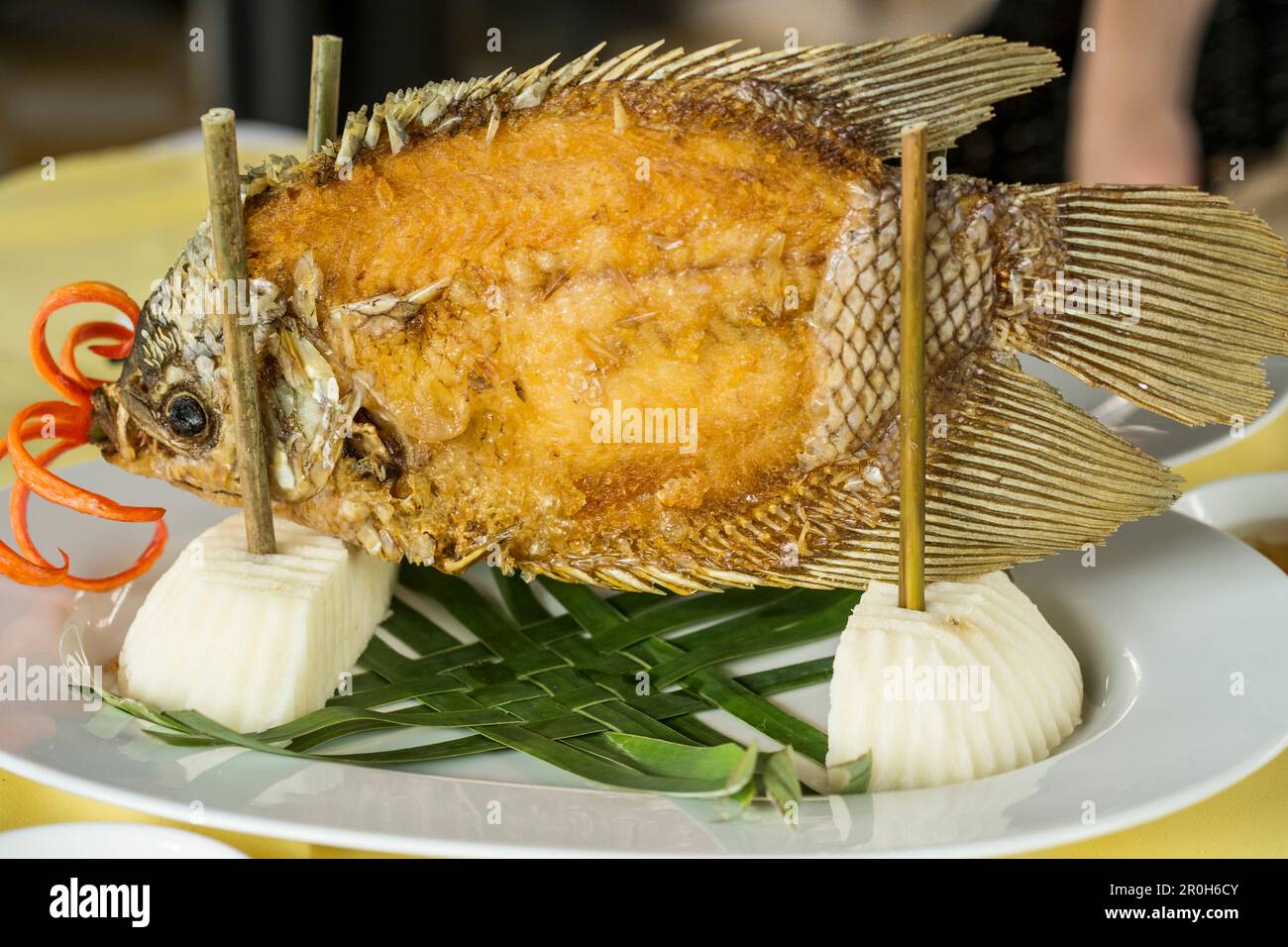 Elephant ear fish in the restaurant Le Longanier in Cai Be, Mekong ...