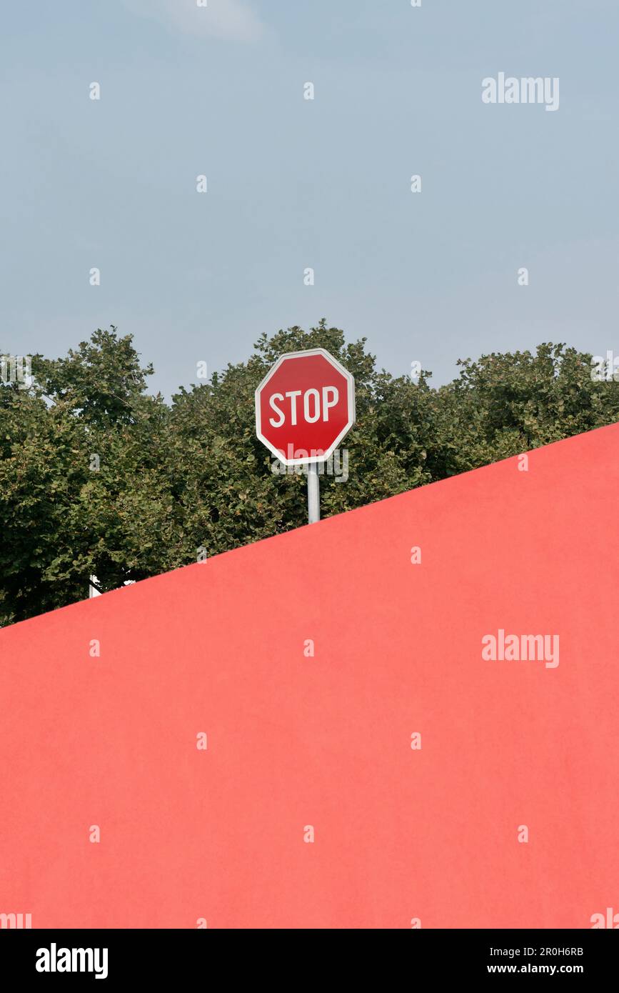 Stop sign behind modern architecture, grafical, gymnasium Podcetrtek ...