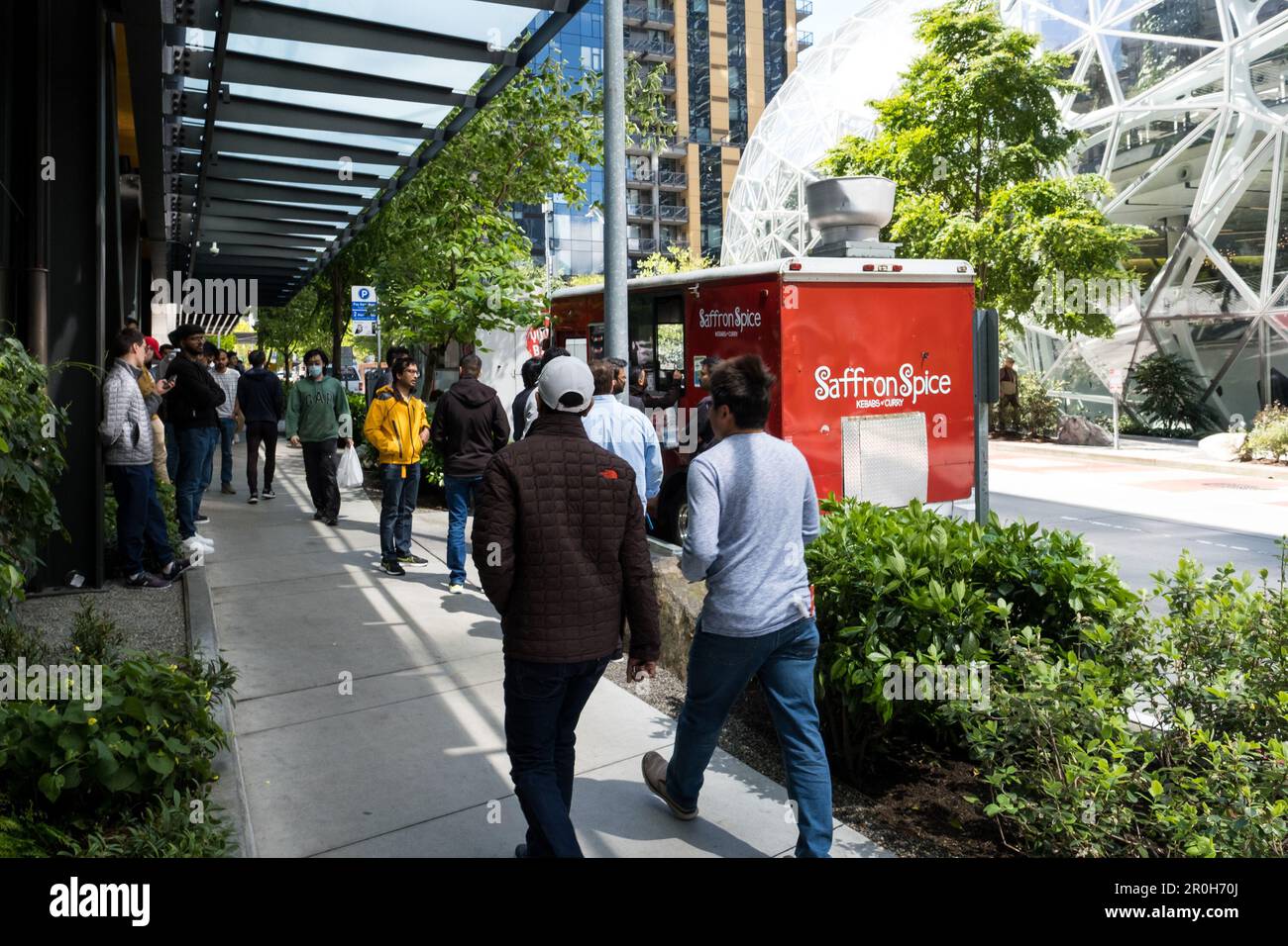 Seattle, USA. 8 May, 2023. Employees at food trucks at the Spheres ...