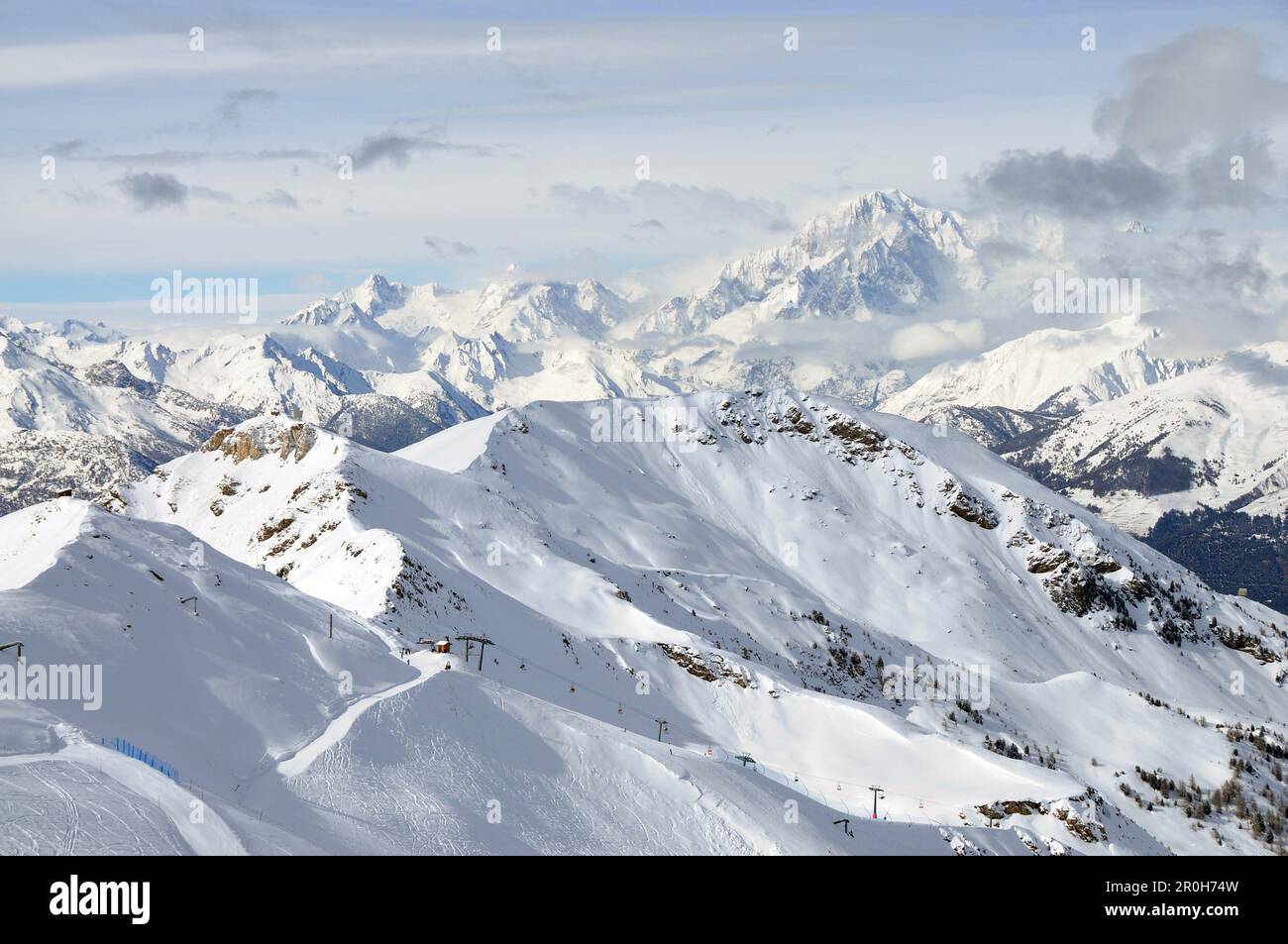 At Pila ski resort over Aosta with Mont Blanc Massif, Aosta Valley ...