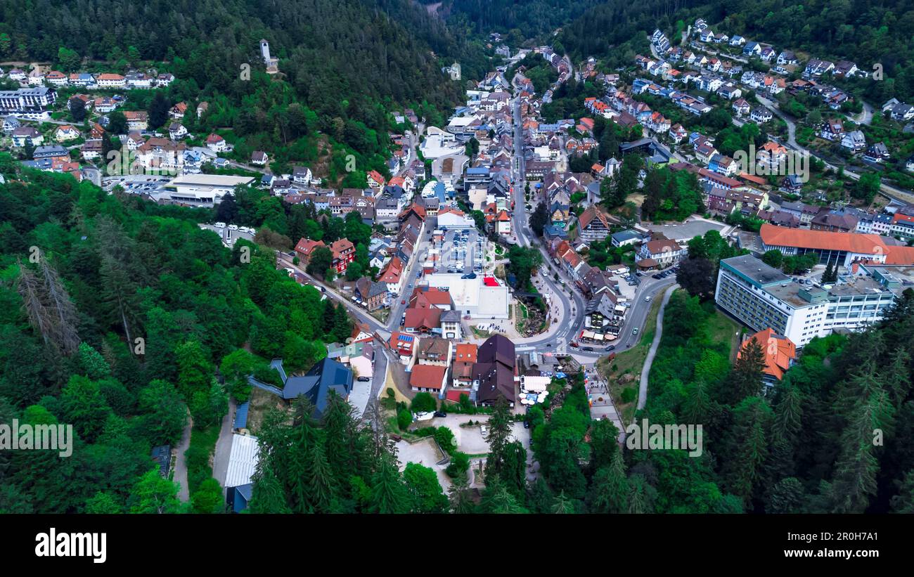 Aerial view of Triberg, a city in the Black Forest region of Baden ...