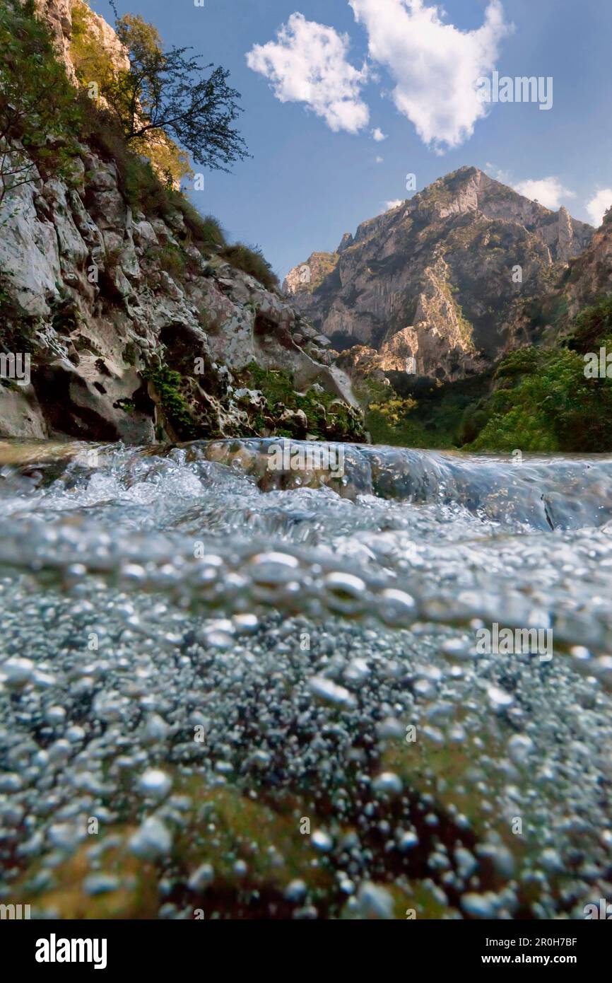 View beneath the water surface of the mountain stream Rio Deva in the ...