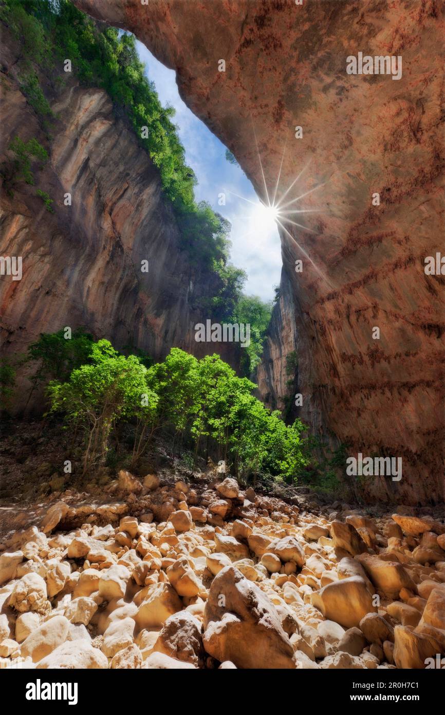 View from the Cueva de la Ermita with sun rays at the bottom of the ...