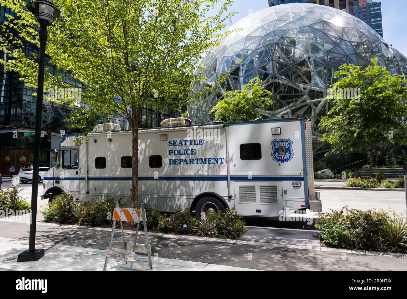 Seattle, USA. 8 May, 2023. The mobile SPD police precinct parked across ...