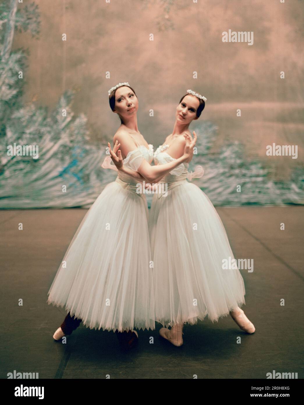 RUSSIA, Moscow, two young Bolshoi ballerinas practicing before a performance at the Bolshoi ...