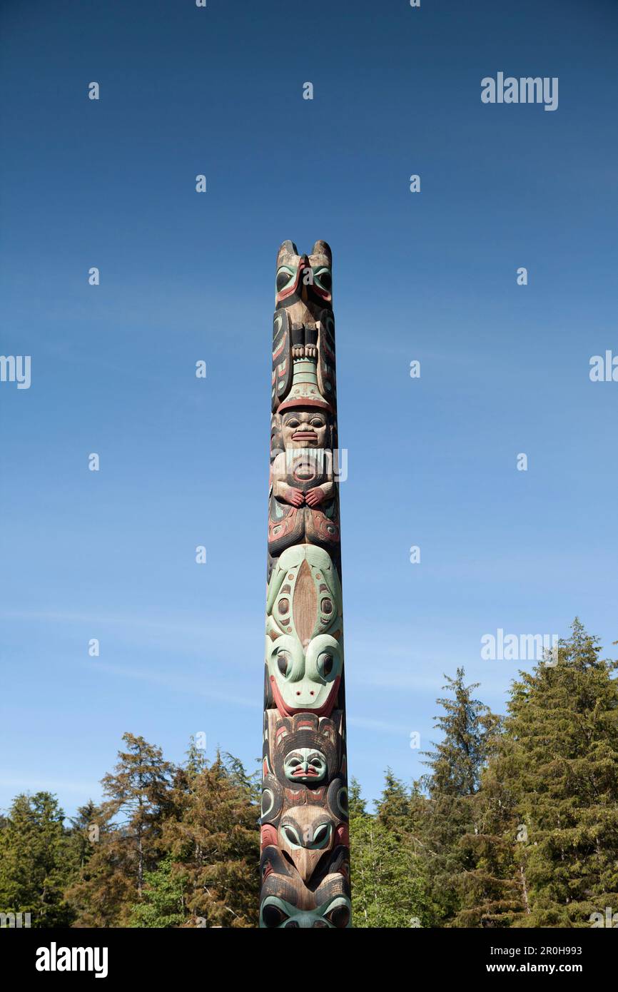 ALASKA, Sitka, an ancient carved Tinglit totem pole at the Tinglet ...