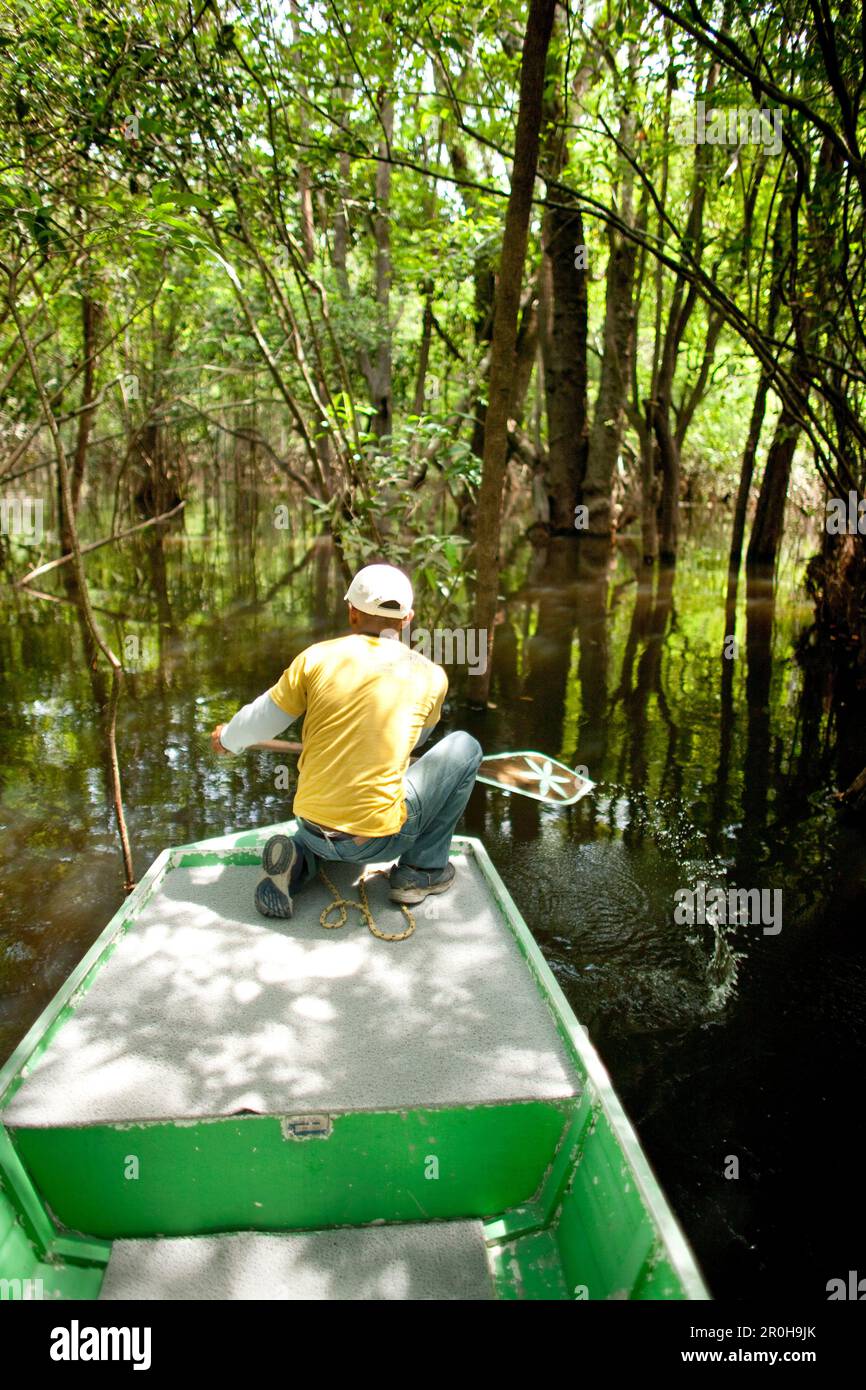 BRAZIL, Agua Boa, fishing guide maneuvering a boat through the ...