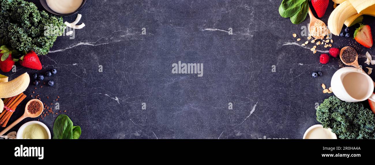 Healthy food double border. Smoothie making concept. Top down view on a ...