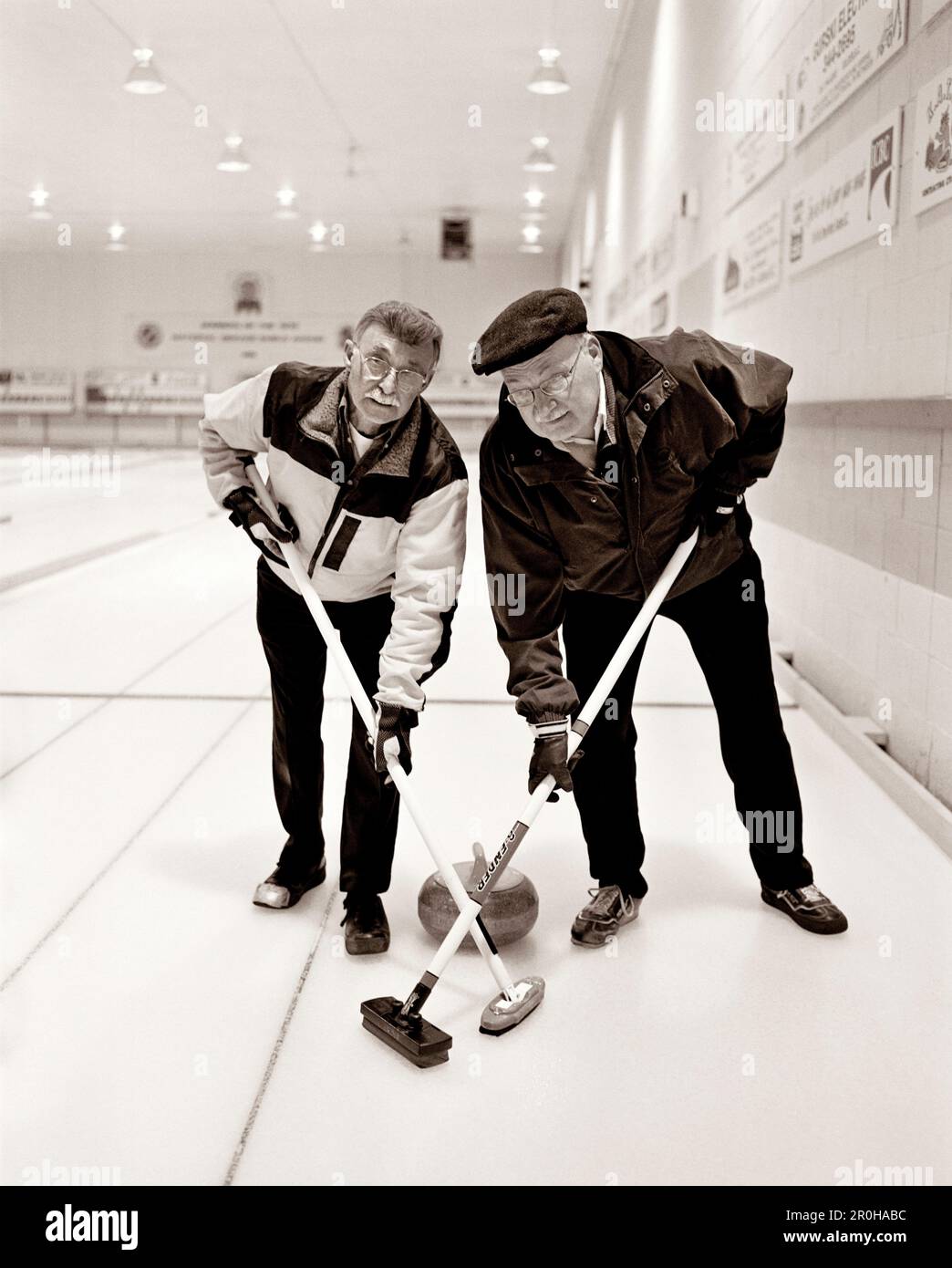 CANADA, senior men at Curling Club of Golden, portrait, Golden (B&W ...