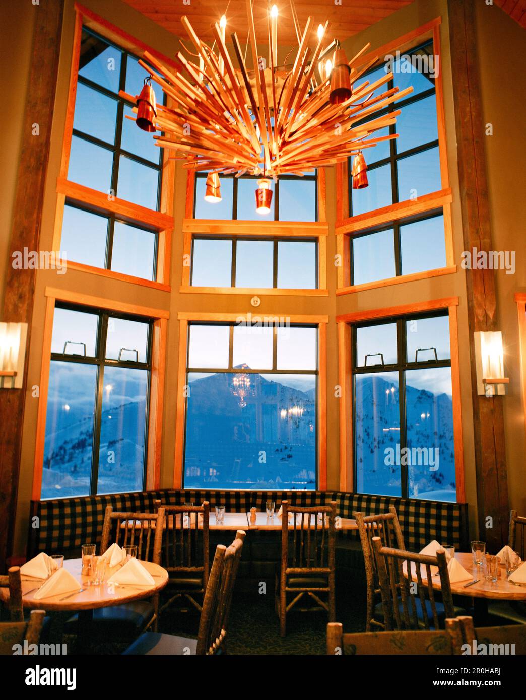 CANADA, interior of illuminated restaurant at the top of Kicking Horse ...